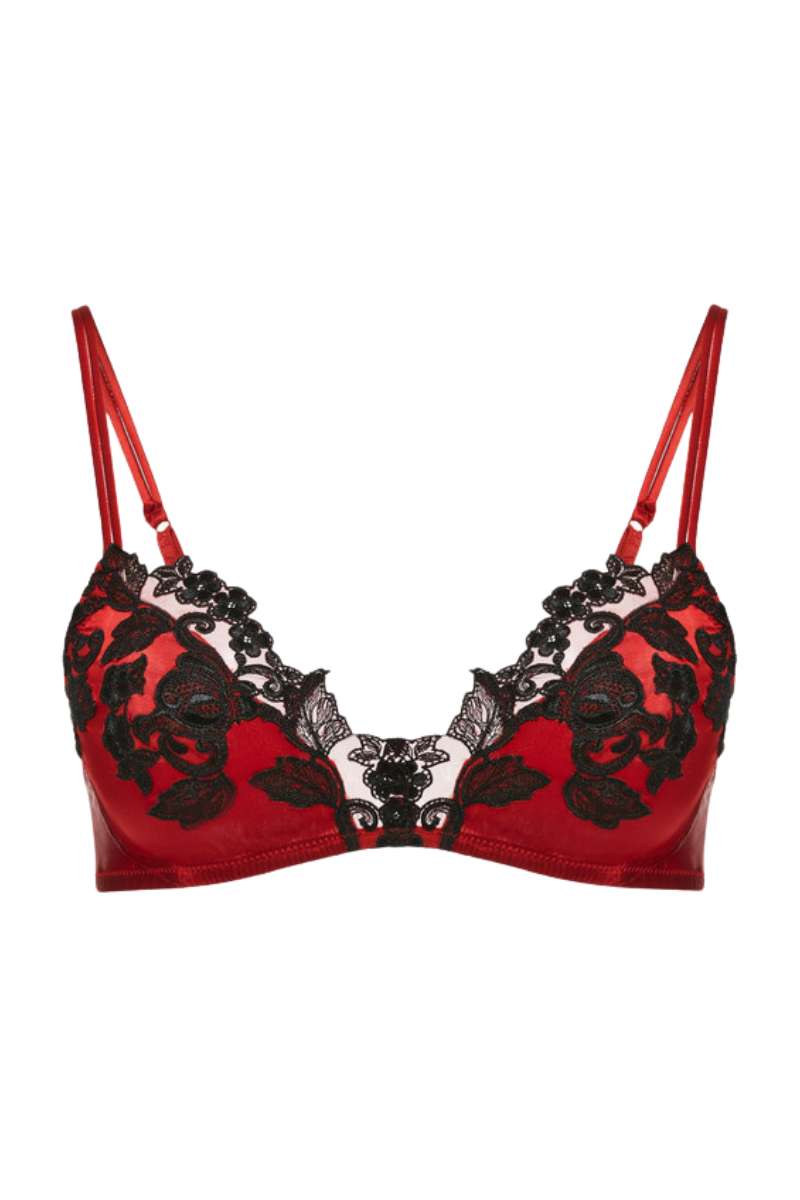 La Perla Red Silk Triangle Bra with Black Frastaglio PLM005158